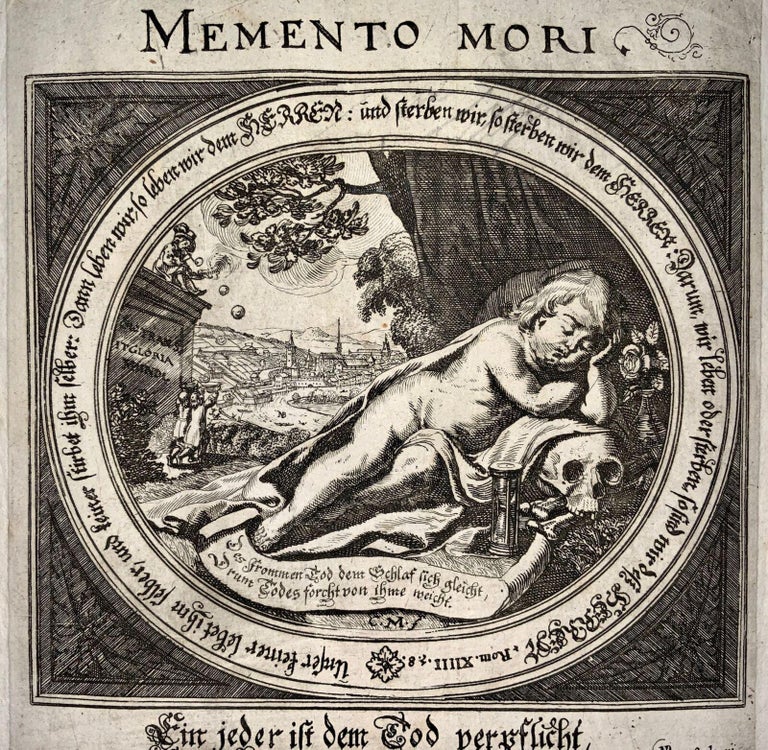 Memento Mori Broadsheet, Putto Sleeping on a Scull, Conrad Meyer For Sale at 1stDibs