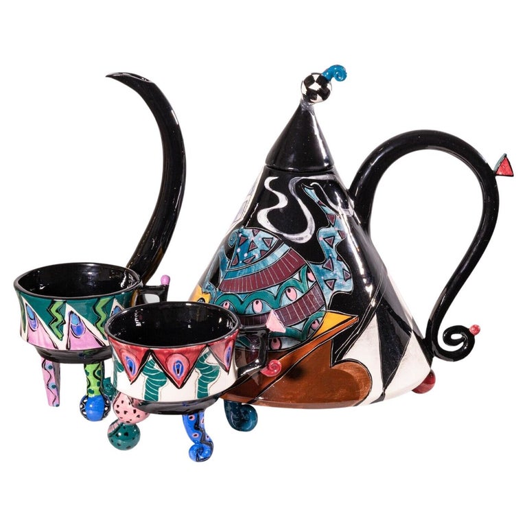 Memphis Style Artis Signed McGovney Camarot Teapot and 2 Tea Cups For ...