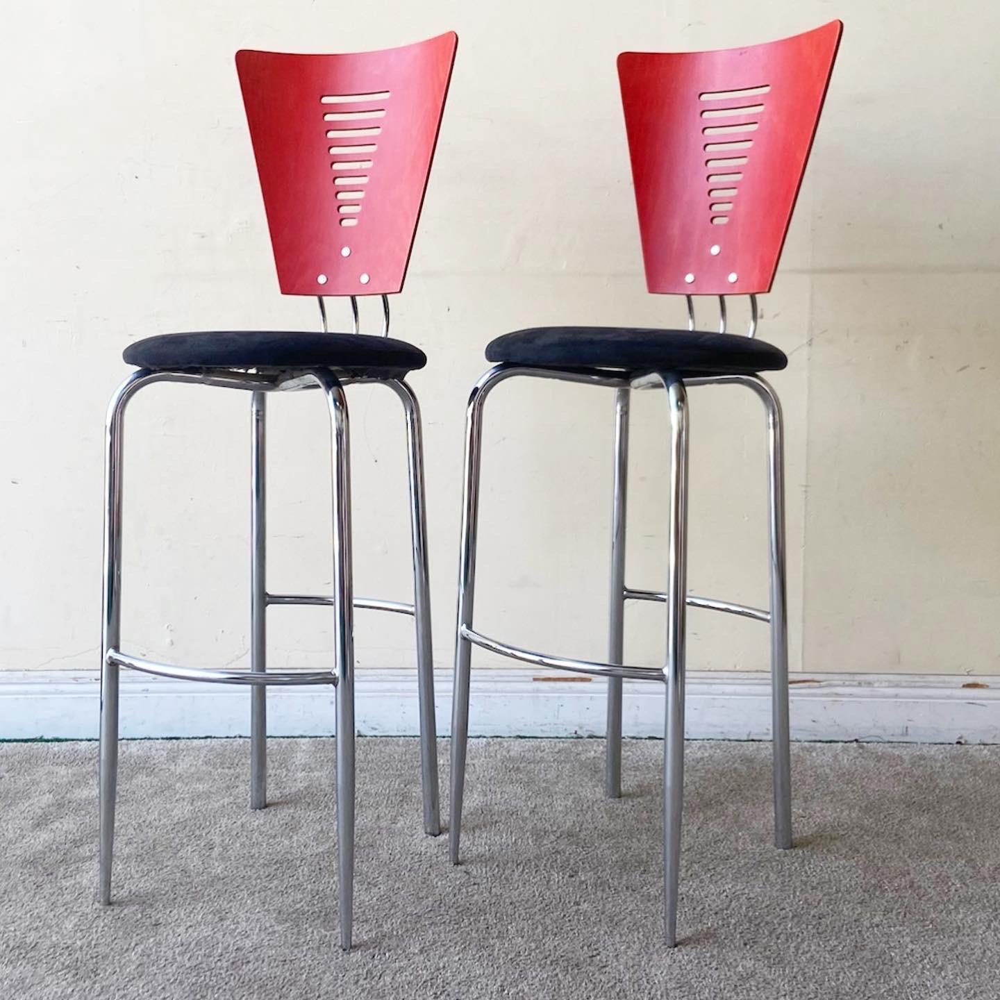 Memphis Style Chrome Black and Red Bar Stools For Sale at 1stDibs