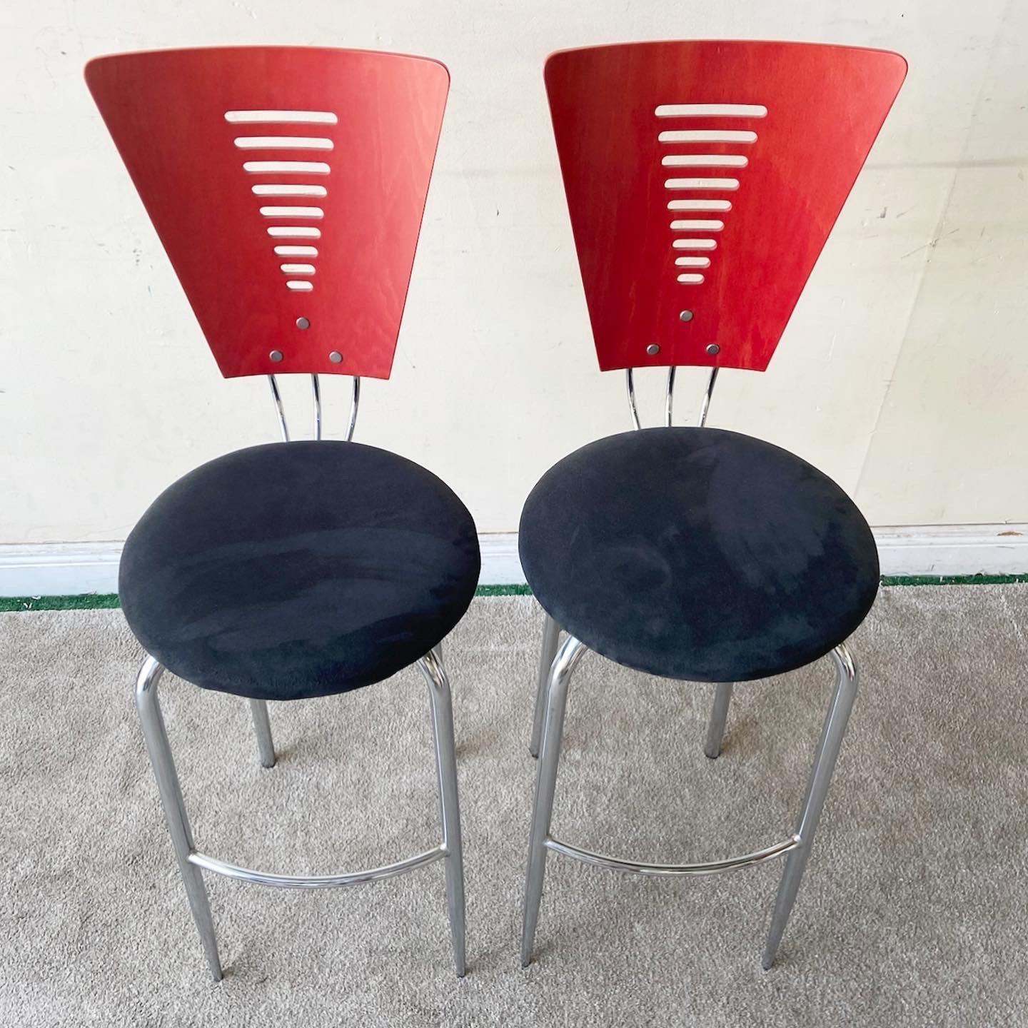 Memphis Style Chrome Black and Red Bar Stools For Sale at 1stDibs