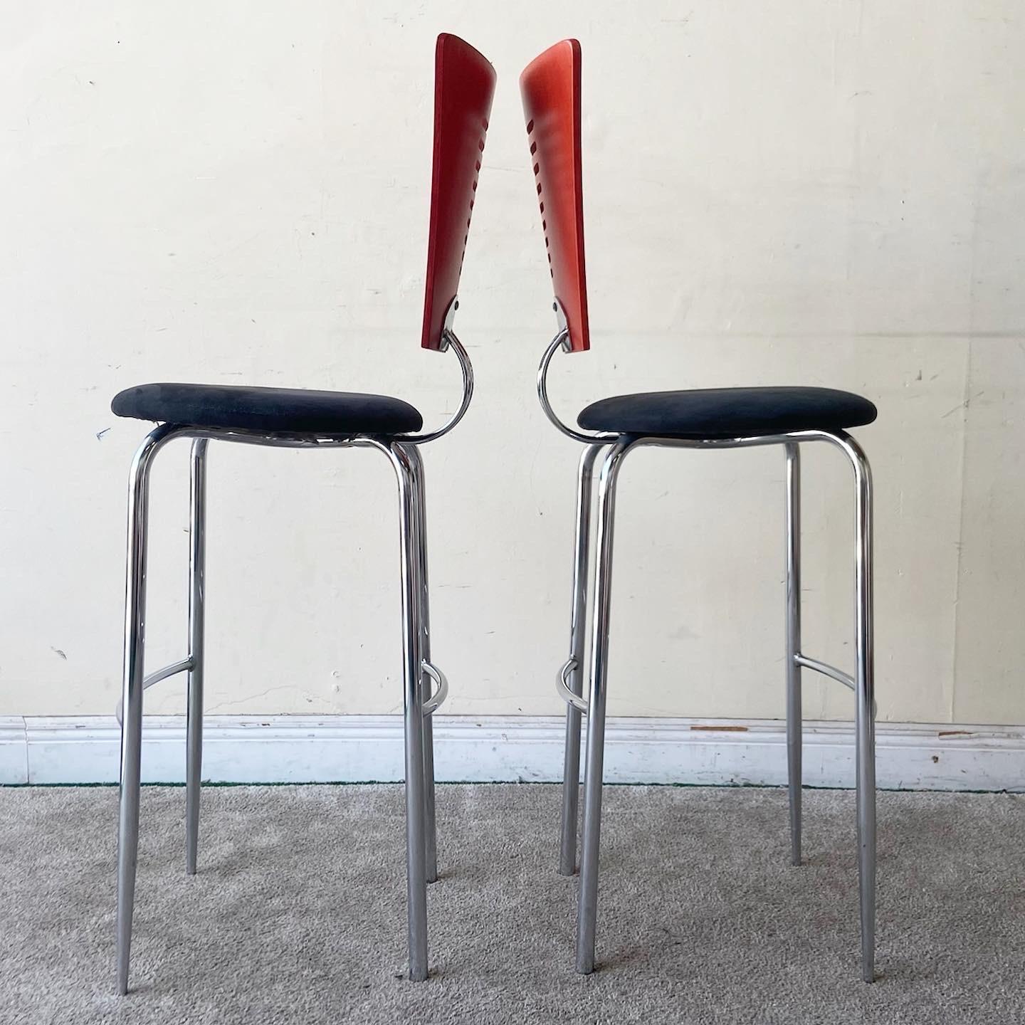 Memphis Style Chrome Black and Red Bar Stools For Sale at 1stDibs
