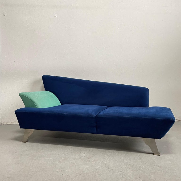 Memphis Style Italian 2-Seat Sofa in Blue Alcantara Fabric, Postmodern ...