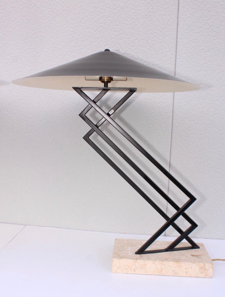 Memphis Style Table Lamps with Travertine Base at 1stDibs