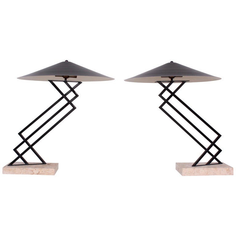 Memphis Style Table Lamps with Travertine Base at 1stDibs