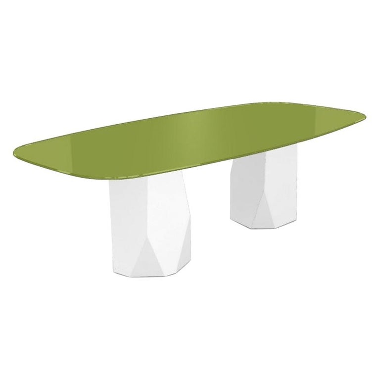 Menhir Two Bases, Dining Table with Green Glass Top on Metal Base For ...