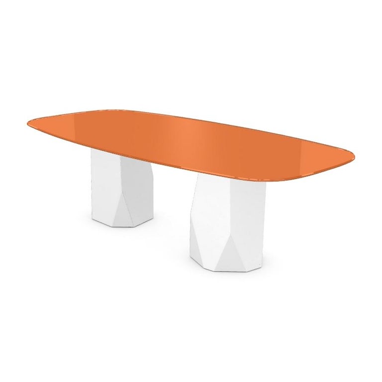Menhir Two Bases, Dining Table with Orange Glass Top on Metal Base For ...