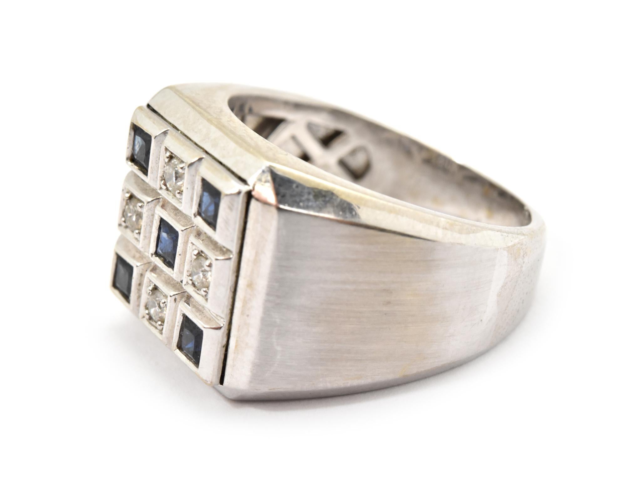 Men's 14 Karat White Gold, Diamond and Sapphire Checkered Ring at 1stDibs