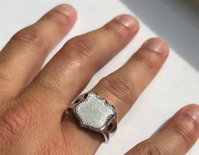 Men's 14 Karat White Gold Shield Ring with Black Diamond Side Stone ...