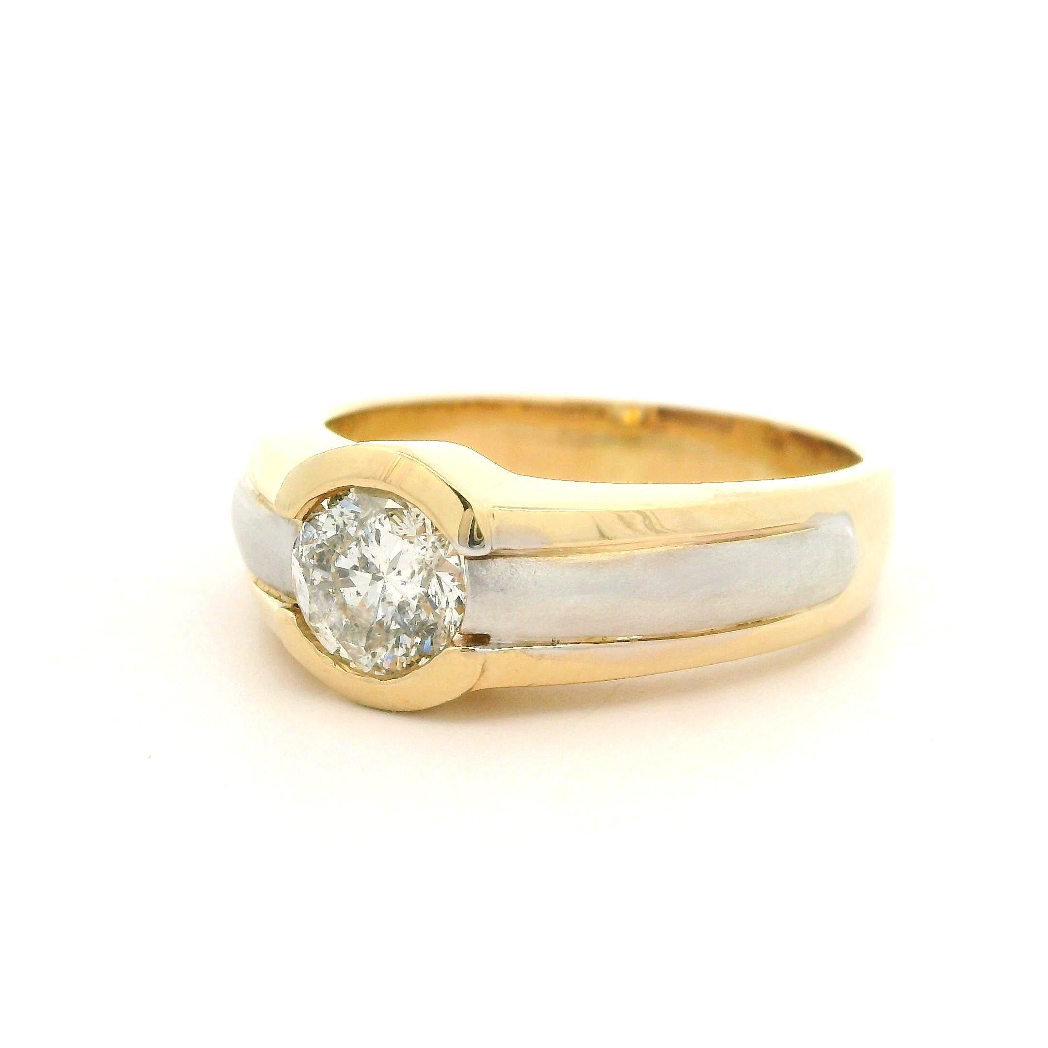 Men's 14k Two Tone Gold 1.27ctw Half Bezel Diamond Solitaire Band Ring ...