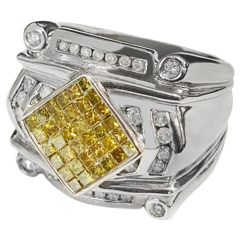 Men's 14k White Gold Ring with Yellow and White Diamonds For Sale at ...