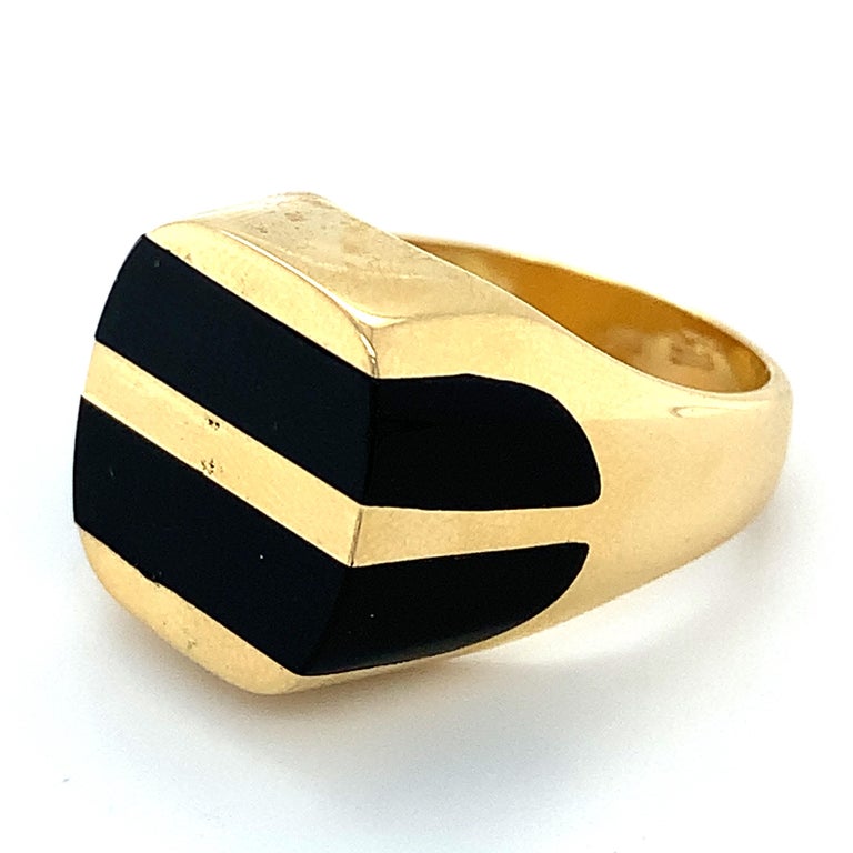 Men's 18k Yellow Gold Black Onyx Two Row Inlay Signet Ring at 1stDibs