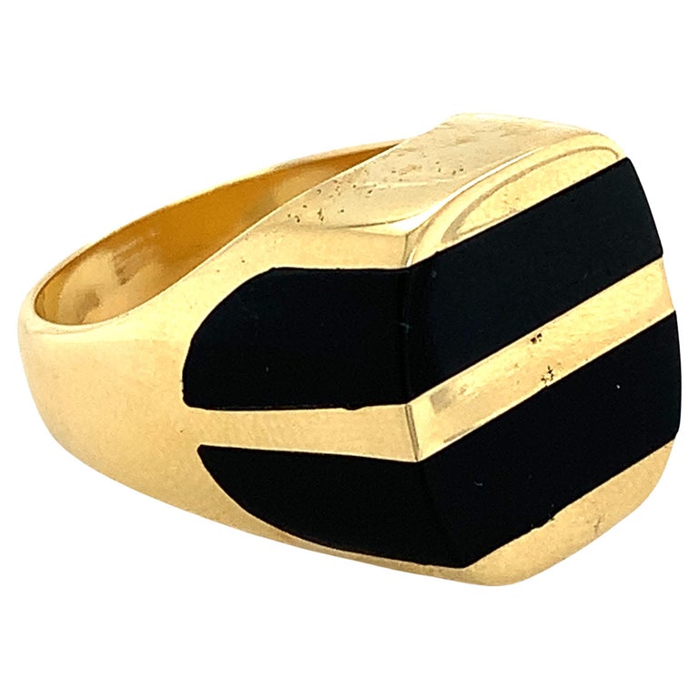 Men's 18k Yellow Gold Black Onyx Two Row Inlay Signet Ring at 1stDibs