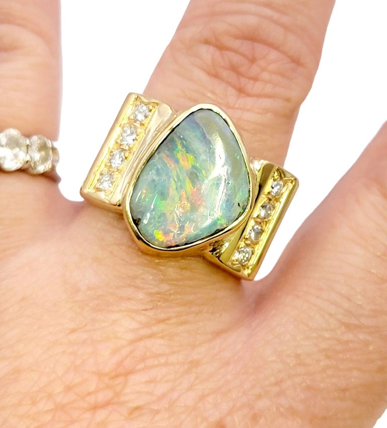 Mens Asymmetrical Tablet Opal and Diamond Band Ring in 14 Karat ...