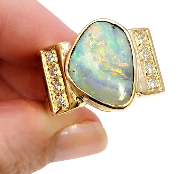 Mens Asymmetrical Tablet Opal and Diamond Band Ring in 14 Karat ...
