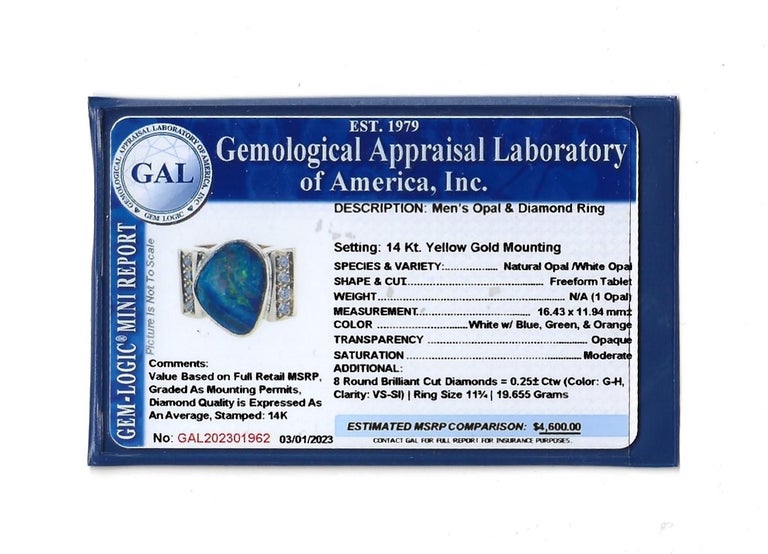 Mens Asymmetrical Tablet Opal and Diamond Band Ring in 14 Karat ...