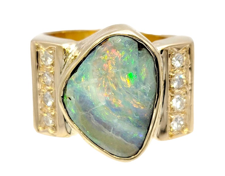 Mens Asymmetrical Tablet Opal and Diamond Band Ring in 14 Karat ...