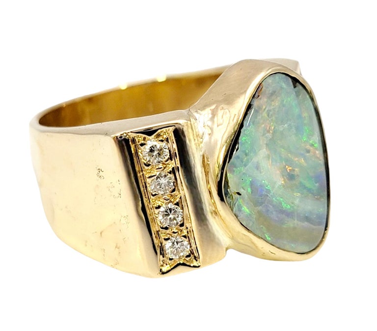 Mens Asymmetrical Tablet Opal and Diamond Band Ring in 14 Karat ...