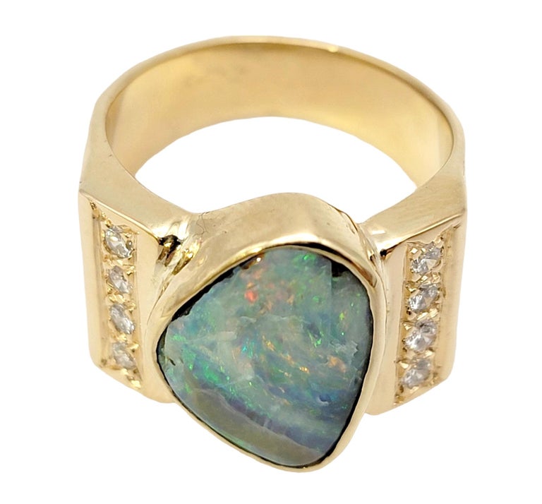 Mens Asymmetrical Tablet Opal and Diamond Band Ring in 14 Karat ...