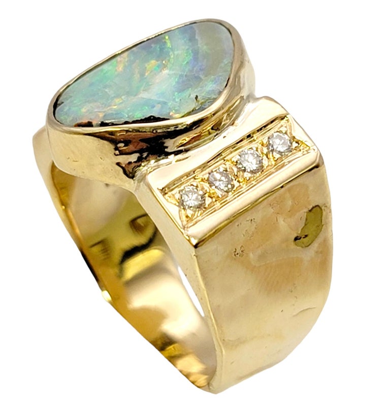 Mens Asymmetrical Tablet Opal and Diamond Band Ring in 14 Karat ...