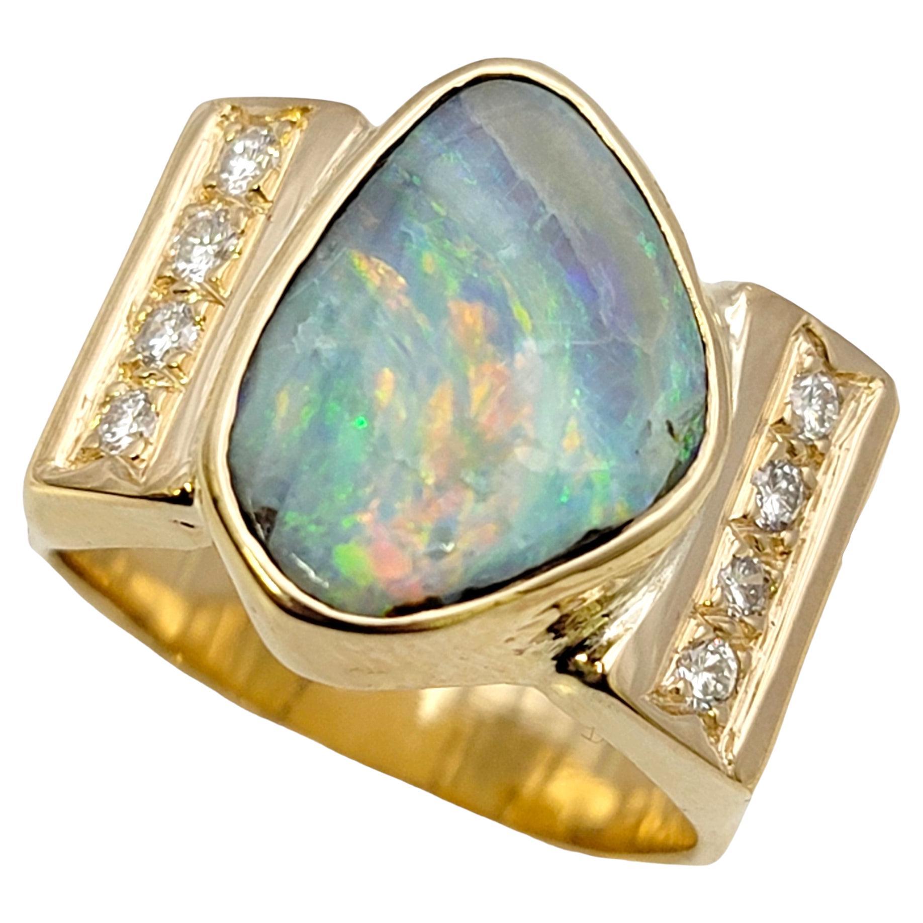 Mens Asymmetrical Tablet Opal and Diamond Band Ring in 14 Karat ...