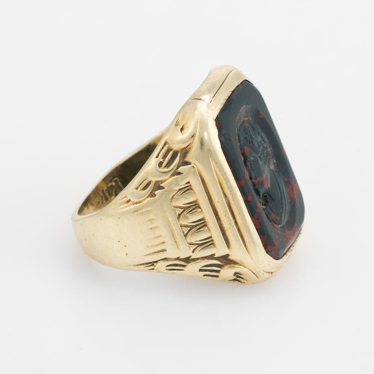 Men's Bloodstone Intaglio Ring Antique Deco Vintage 14 Karat Yellow ...