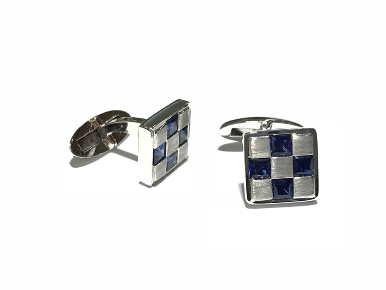 Men's Cufflinks 18 Carat White Gold with Sapphires For Sale at 1stDibs