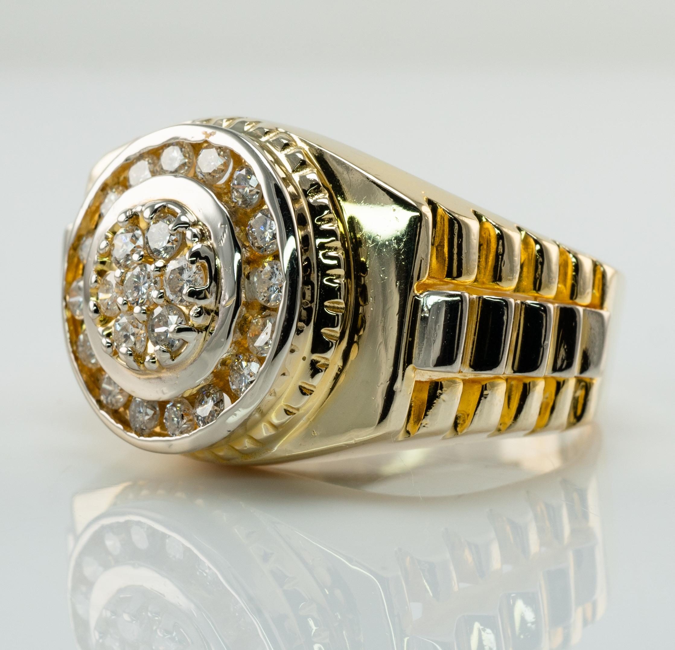 Mens Diamond Ring 14k Gold Band 1.15 TDW Rolex Style For Sale at ...