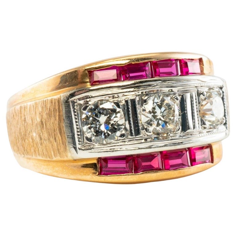 Mens Diamond Ruby Ring Vintage 14K Gold Band Estate For Sale at 1stDibs