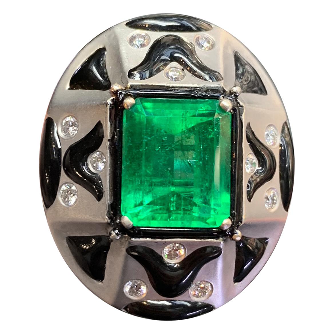 Men's Emerald and Enamel Ring For Sale at 1stDibs
