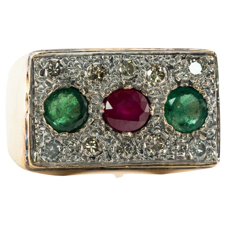 Mens Emerald Diamond Ruby Ring Vintage 14K Gold Band For Sale at 1stDibs