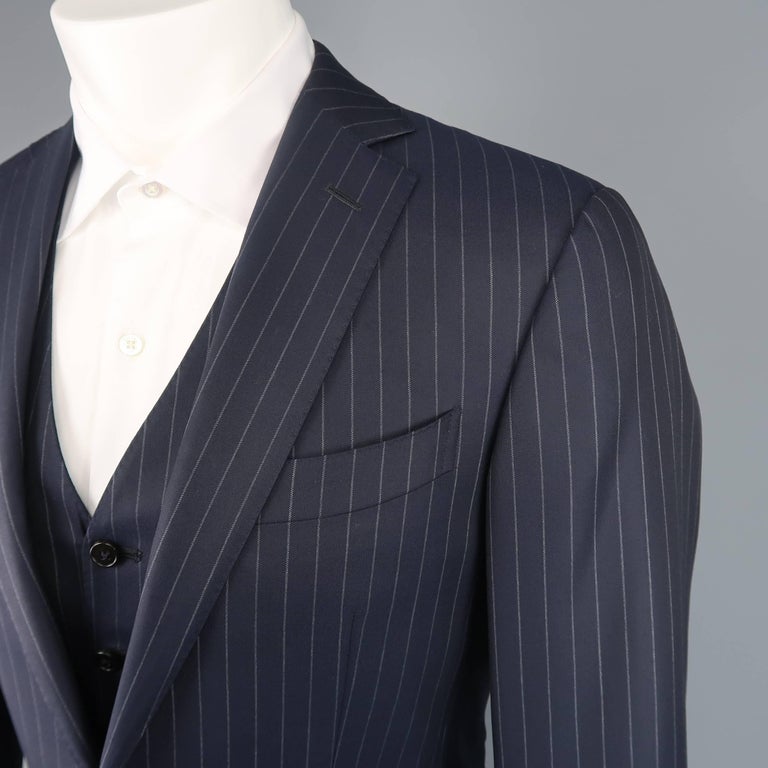 Men's ERMENEGILDO ZEGNA Suit - 40 Regular Navy Wool Pinstripe 3 Piece ...