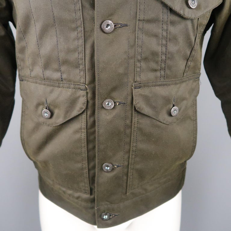 Men's FILSON XS Olive Waxed Cotton Flap Pocket Trucker Jacket at ...