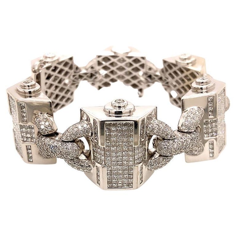 Mens Large Diamond Bracelet, 30.36 Carats, 1452 diamonds, 14K White ...
