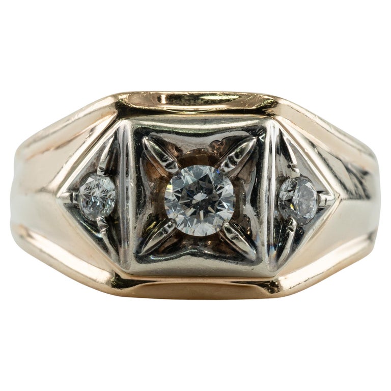 Mens Natural Diamond Ring 14K Gold Vintage .45 Tdw Three Stones For ...