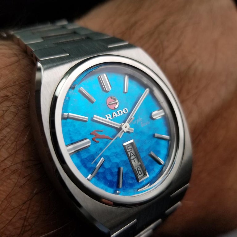 Mens Rado Purple Horse Day Date Automatic Blue Dial 1970s Swiss Vintage ...