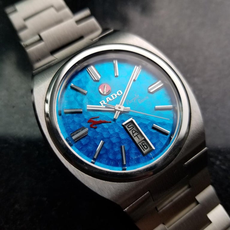 Mens Rado Purple Horse Day Date Automatic Blue Dial 1970s Swiss Vintage ...