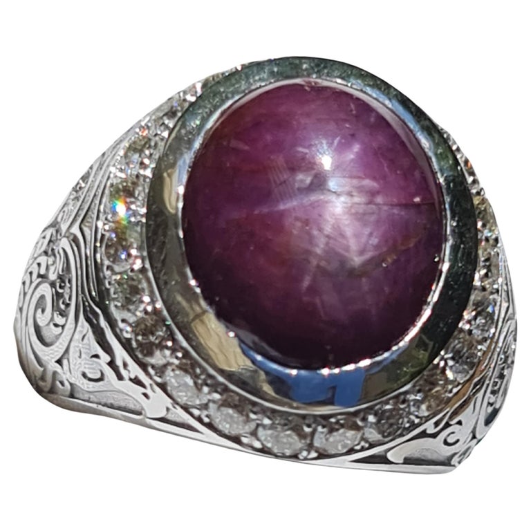Men's Rings, Natural star ruby ring with round diamonds, Signet mens ...