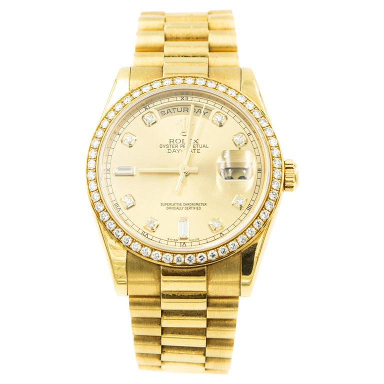 Men's Rolex 18k Yellow Gold Day-Date Wristwatch with Diamond Bezel Ref ...