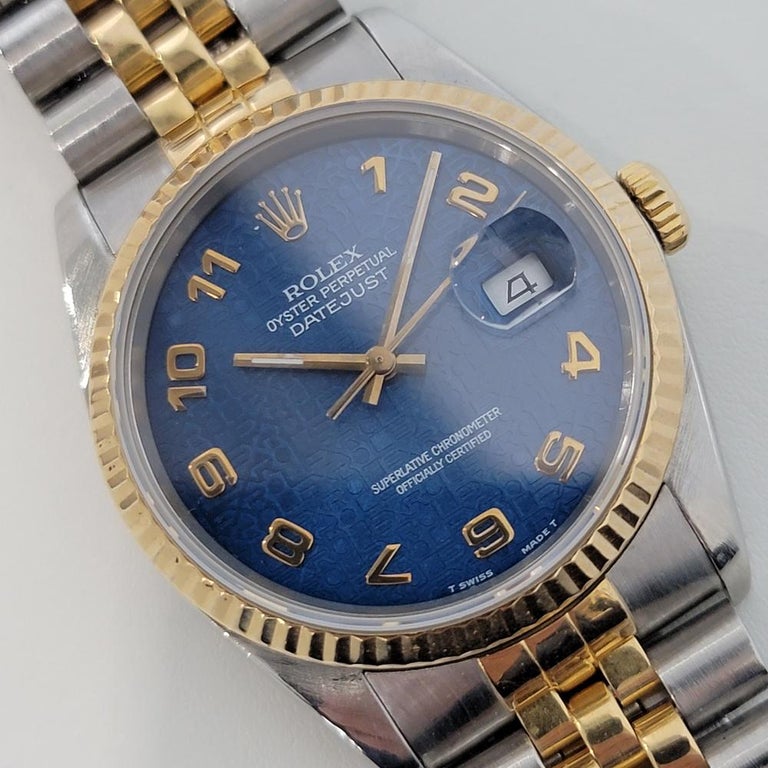 Mens Rolex Datejust 16233 18k Gold SS Blue Computer Dial 1980s Swiss RA265 For Sale at 1stDibs