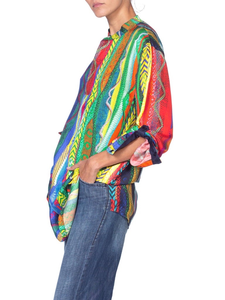 1990S COOGI Silk Men's Oversized Trompe L'oeil Knit Print Shirt at ...