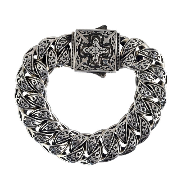 Men's Silver Heavy Curb Chain Bracelet For Sale at 1stDibs