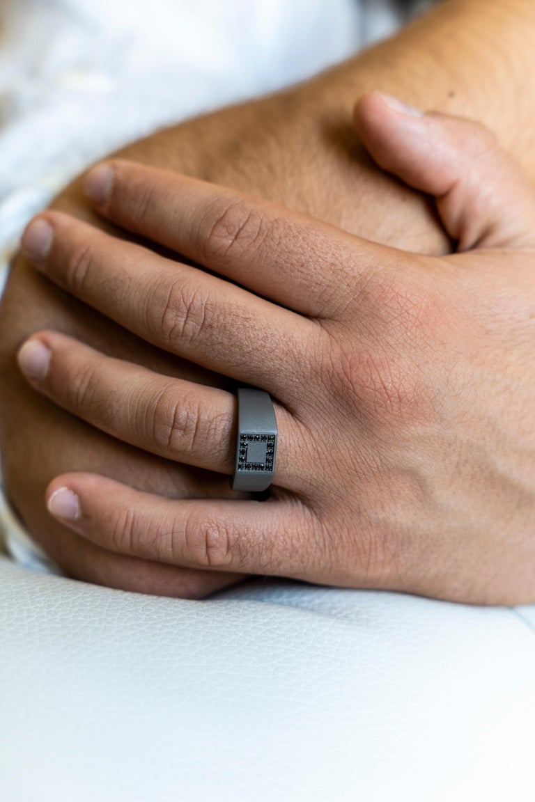 Men's Titanium 18 Karat Rose Gold Round Black Diamond Signet Ring For ...