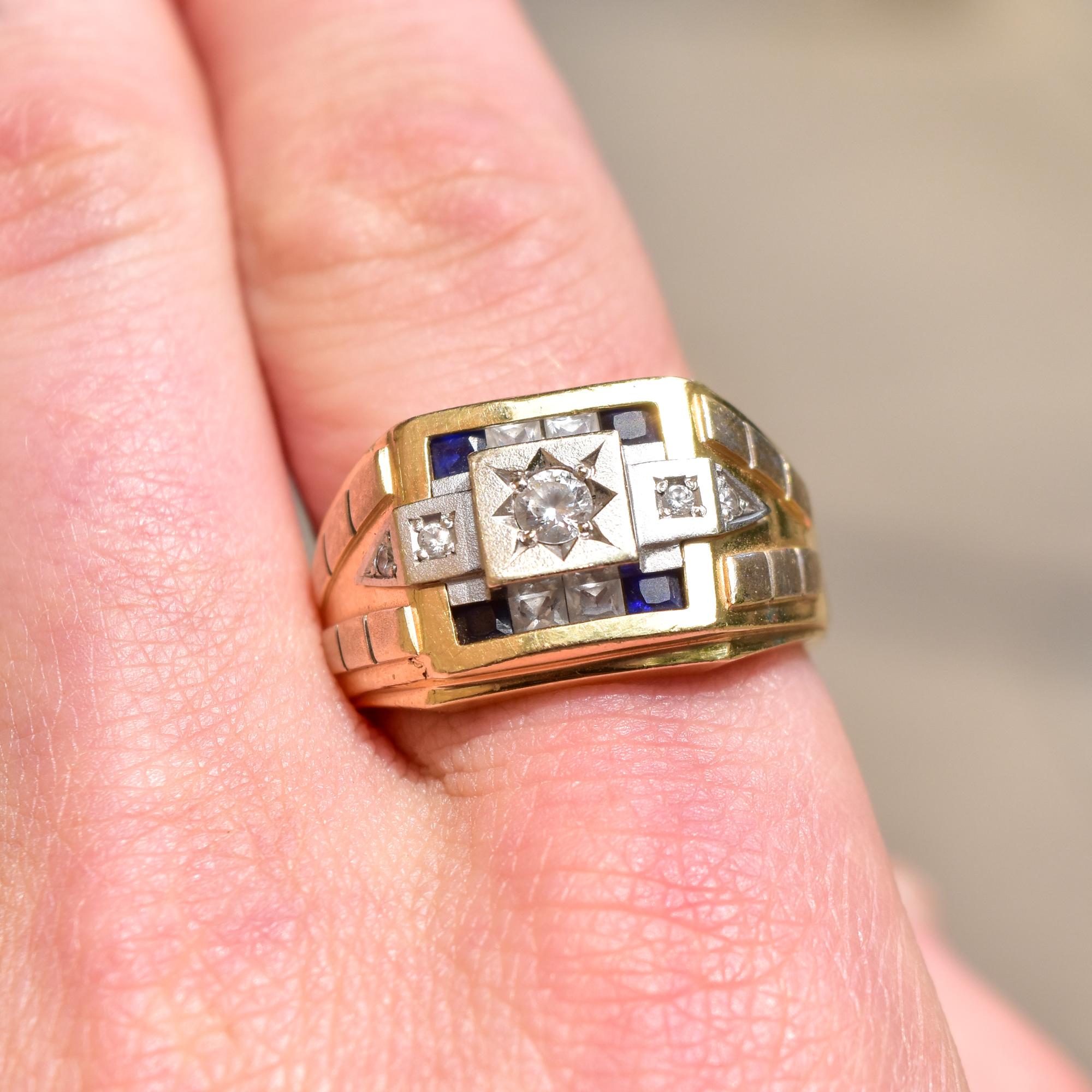 Men's Two-Tone 14K Diamond Sapphire Signet Ring For Sale at 1stDibs