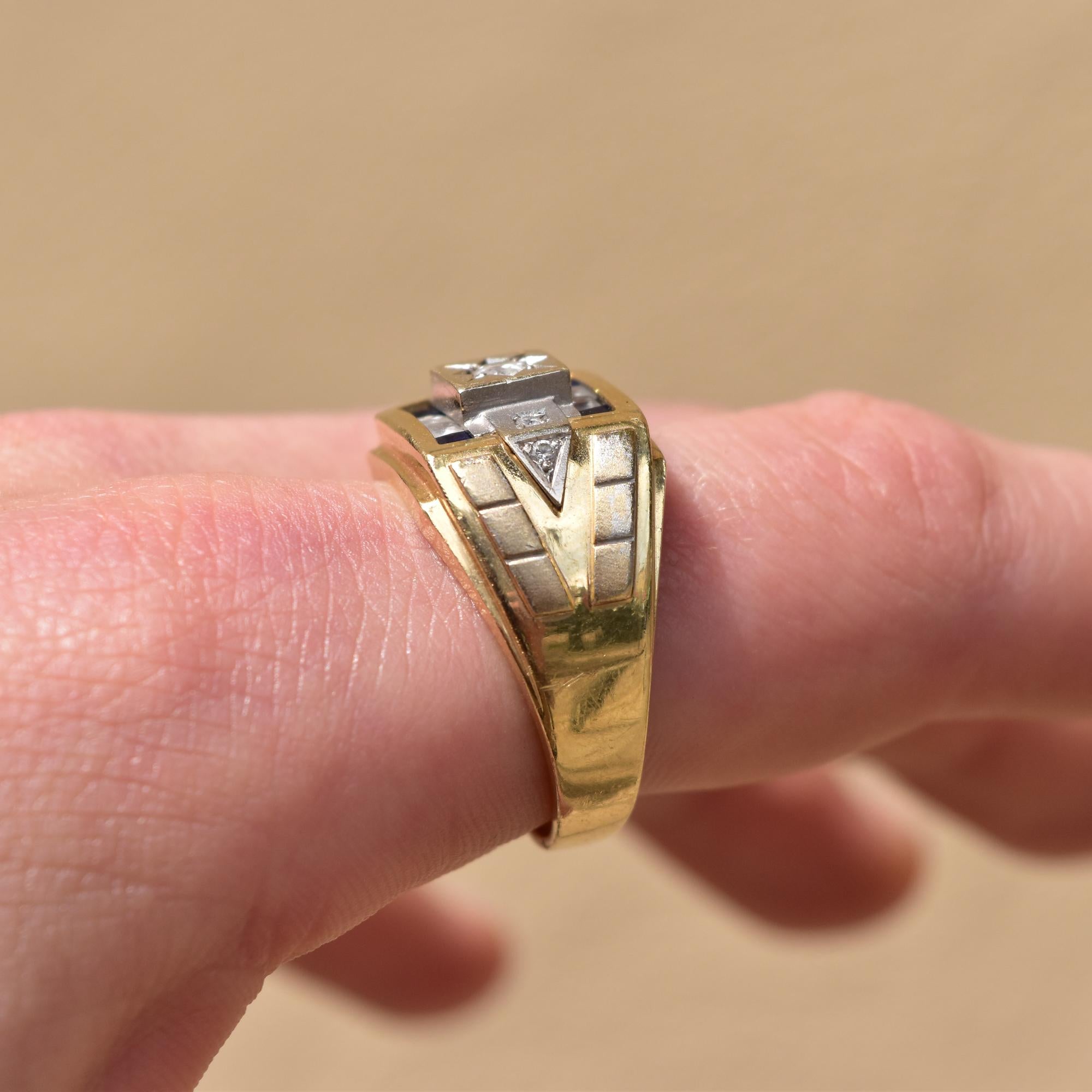 Men's Two-Tone 14K Diamond Sapphire Signet Ring For Sale at 1stDibs