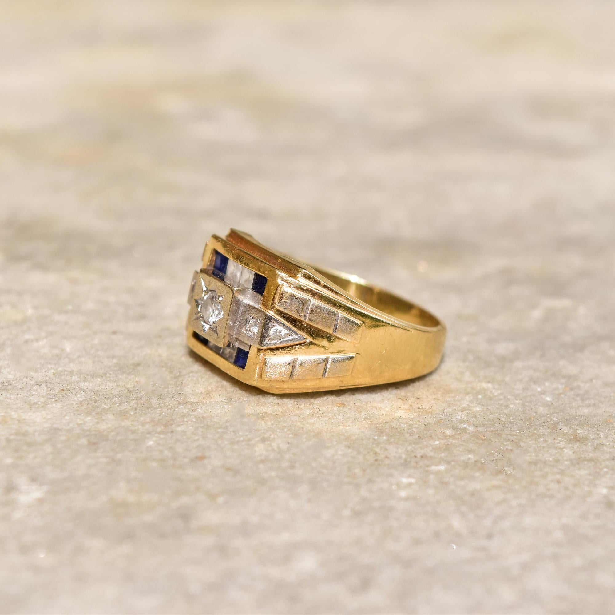 Men's Two-Tone 14K Diamond Sapphire Signet Ring For Sale at 1stDibs