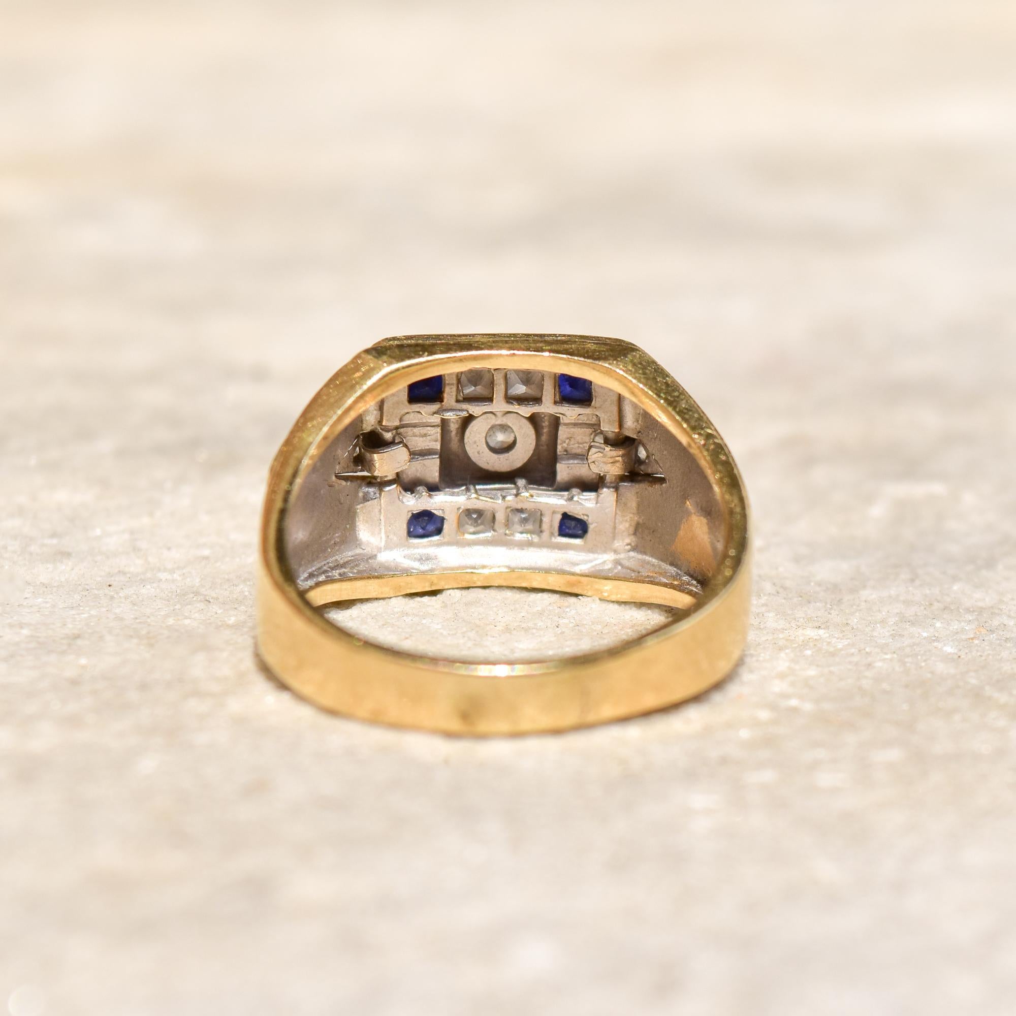 Men's Two-Tone 14K Diamond Sapphire Signet Ring For Sale at 1stDibs