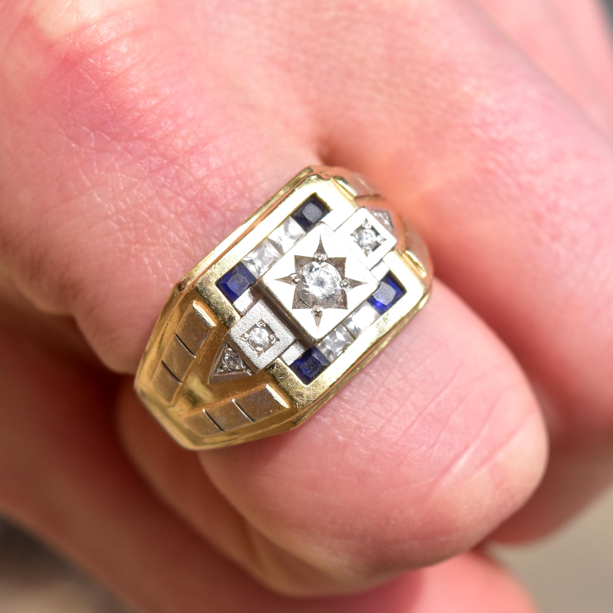 Men's Two-Tone 14K Diamond Sapphire Signet Ring For Sale at 1stDibs