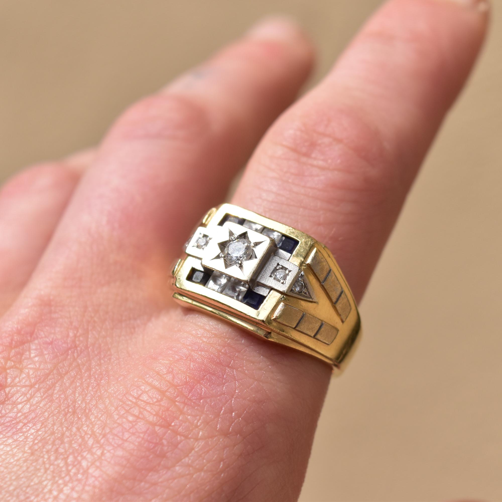 Men's Two-Tone 14K Diamond Sapphire Signet Ring For Sale at 1stDibs