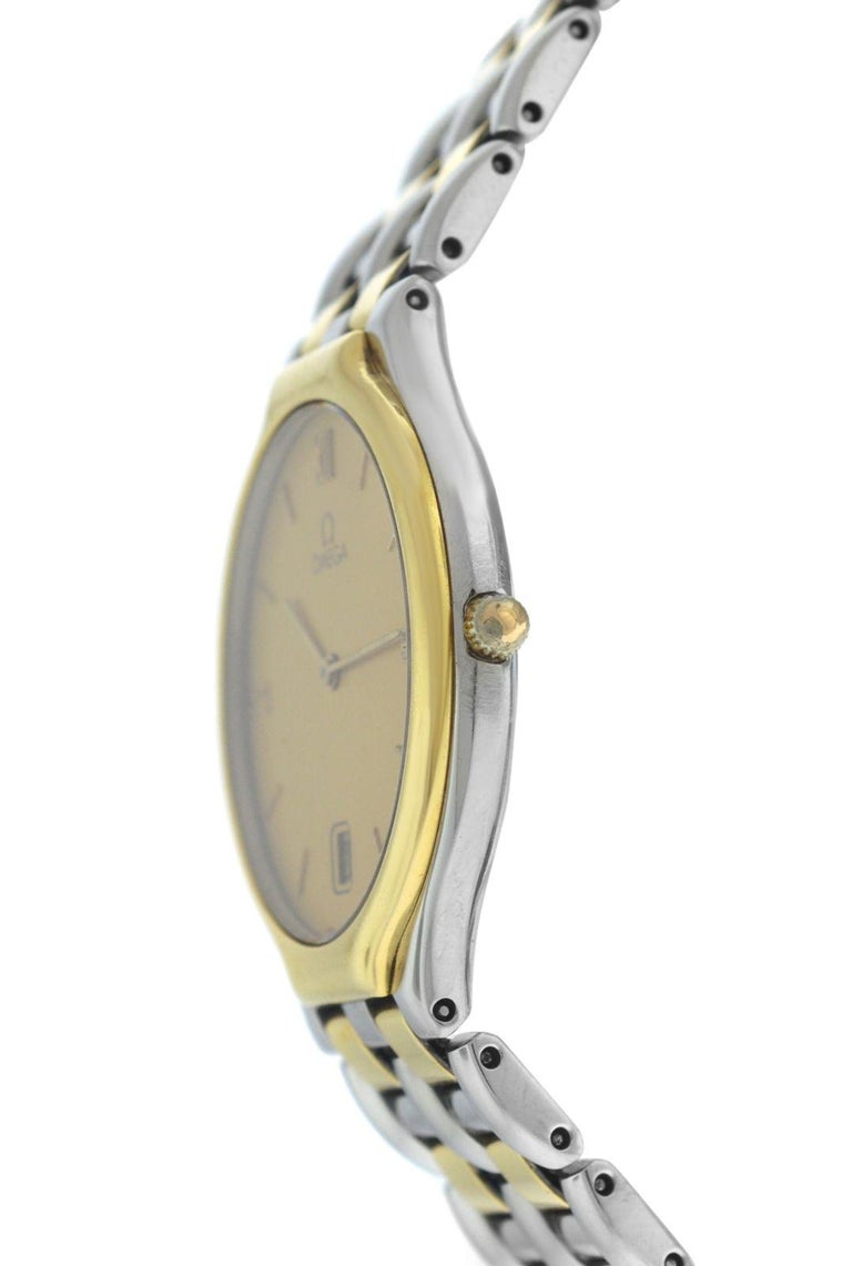 Men's Unisex Omega Classic Steel Gold Quartz Date Watch at 1stDibs