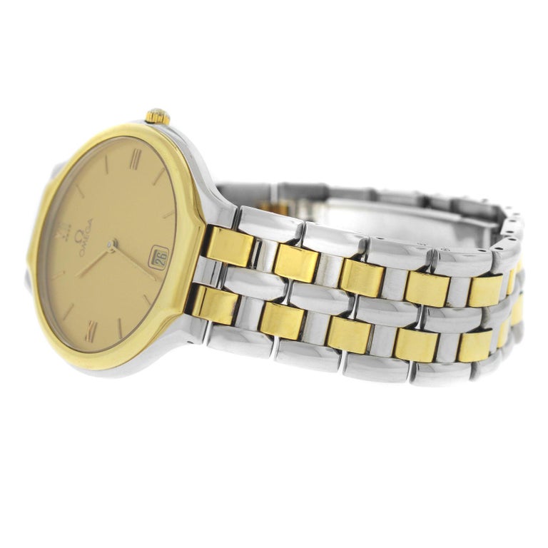 Men's Unisex Omega Classic Steel Gold Quartz Date Watch at 1stDibs